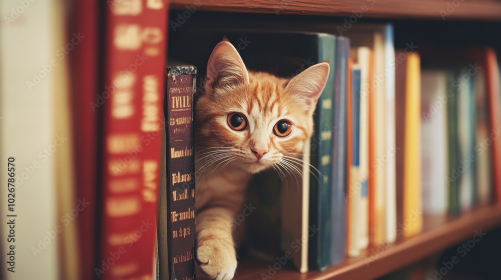 A cute cat sitting on a bookshelf, peeking out between the books with ...