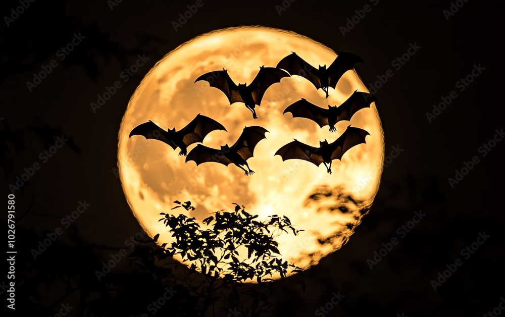 Artistic representation of bats swooping past a full moon, their dark ...