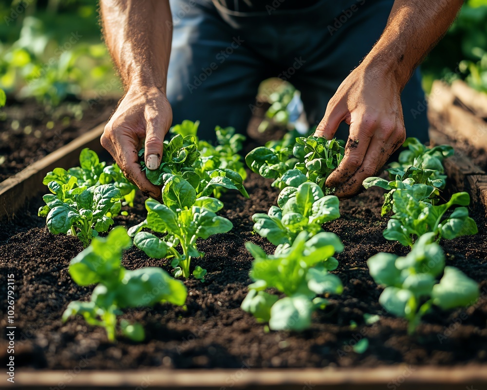 Masterful gardeners hands planting young vegetables in a raised garden ...