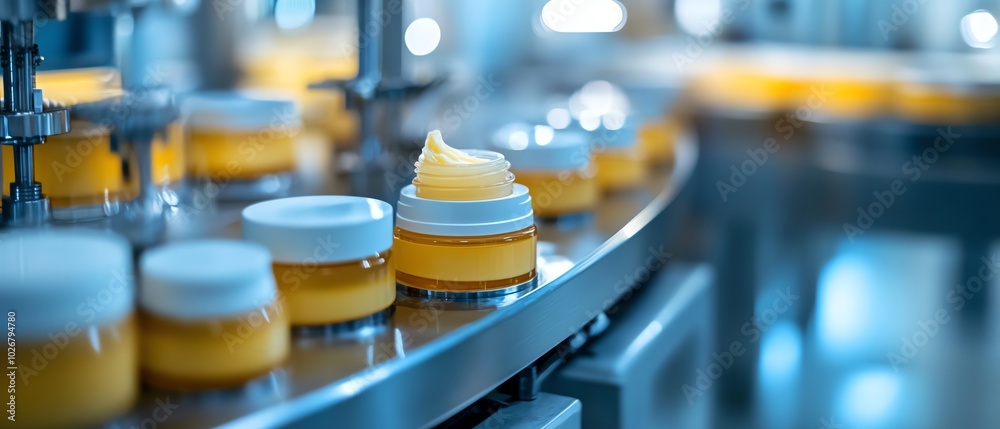 Detailed view of a face cream production line, highlighting mixing ...