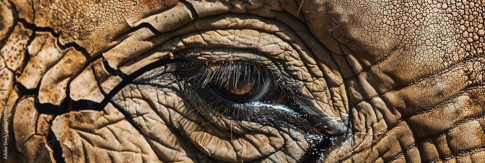 The close-up reveals the unique textures of the elephant's skin around ...