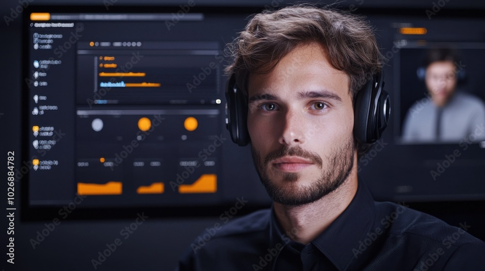 Advanced remote collaboration dashboard featuring focused man wearing ...