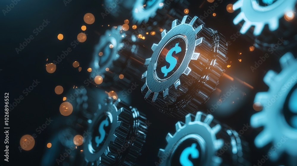 Abstract gears with flowing financial symbols, showing the mechanics of ...