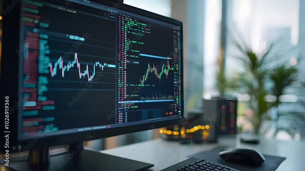 Trading monitor showing stock market prices and trend analysis in a ...