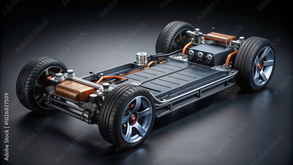 Detailed cutaway of electric vehicle chassis with battery pack on ...
