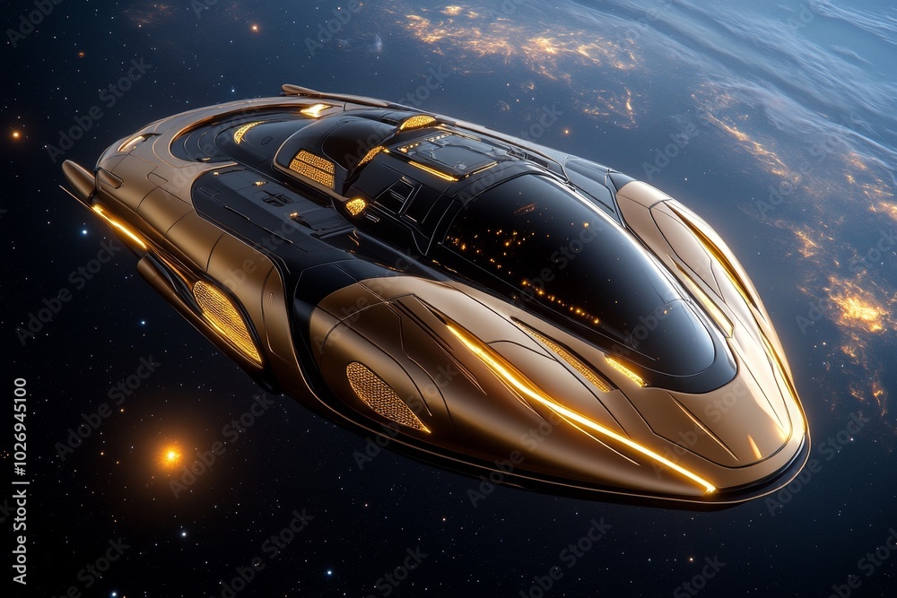 Spaceship with golden accents, gliding through the dark void of space ...