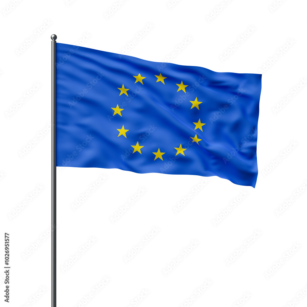 European Union flag waving on a pole, with a white background. The flag ...