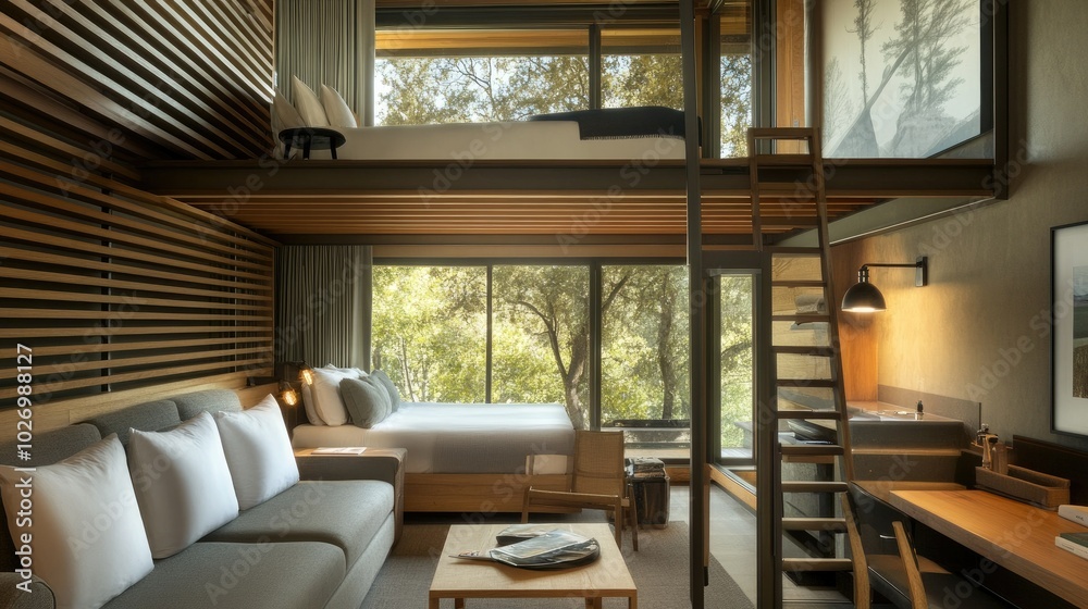 Stylish two-story hotel room with a grey couch, oak slat walls, floor ...