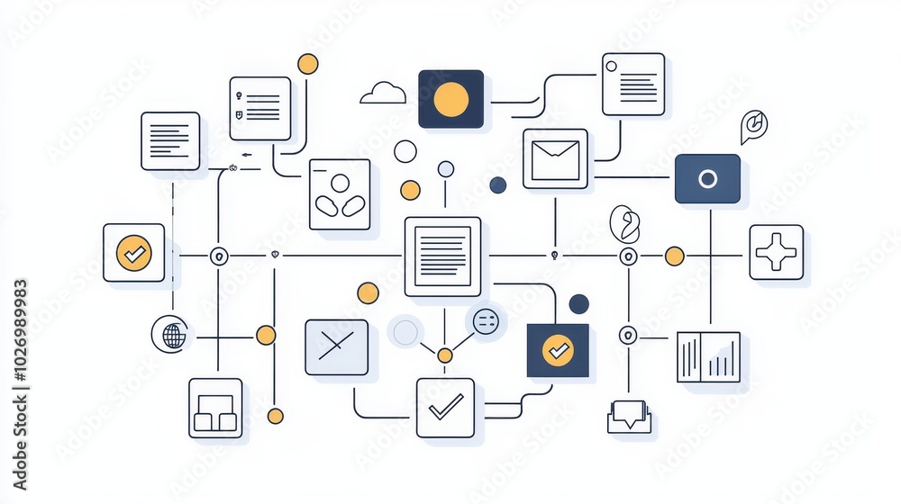 Minimalist flowchart with clean lines and icons, representing synergy ...