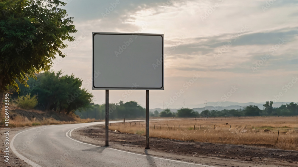 Blank white mock up billboard or road sign on roadside in empty open ...