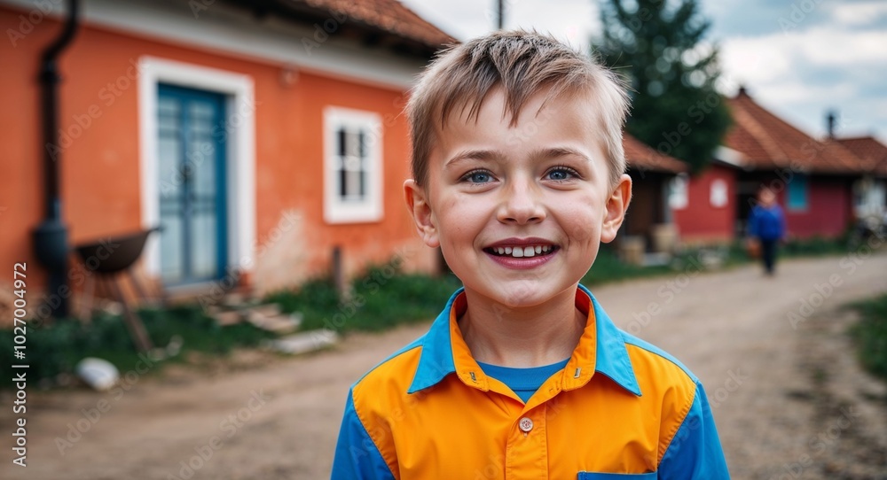Russian kid boy in a bright shirt happy expression portrait photo ...