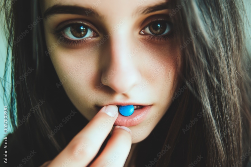 This close-up portrait features a young woman holding a blue pill close ...