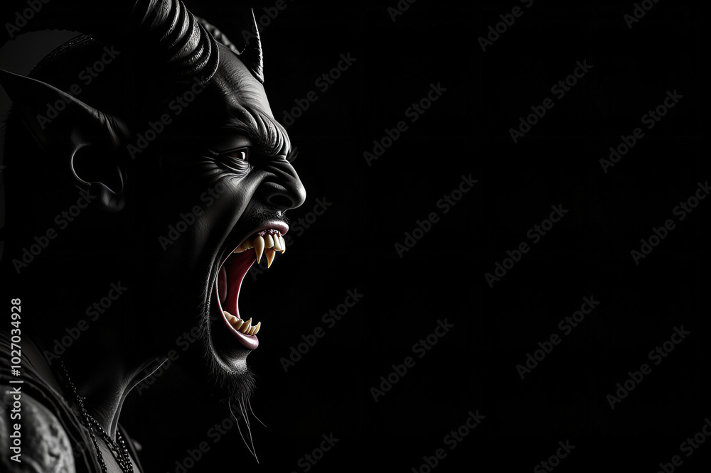 Angry devil profile with copy space for text - black background ...