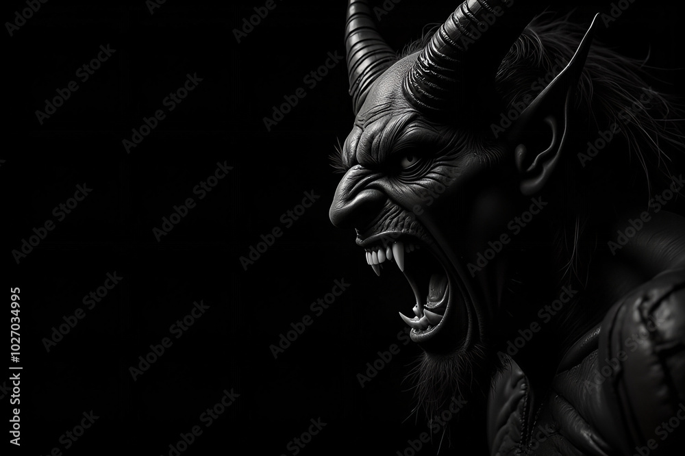 Angry devil profile with copy space for text - black background ...