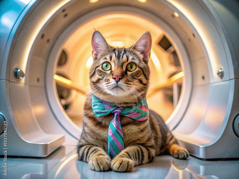 Stylish tabby cat receiving an MRI scan at a veterinary clinic ...