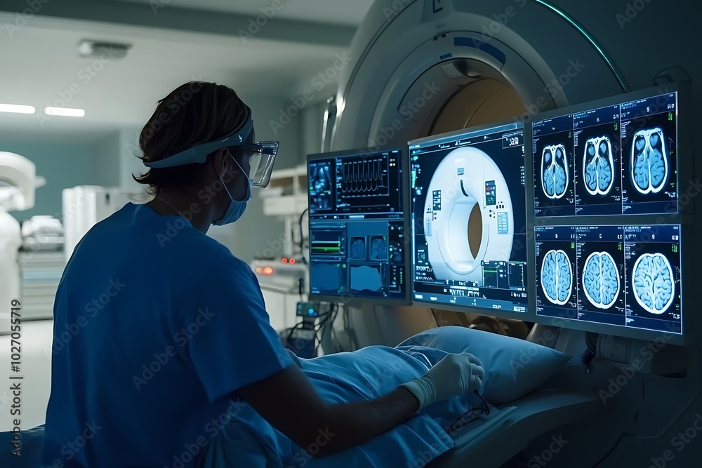Ultra HD image of a healthcare worker operating an MRI scanner with ...