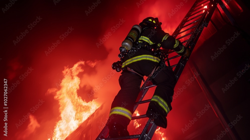 Firefighter ascending a ladder amidst flames, showcasing bravery and ...