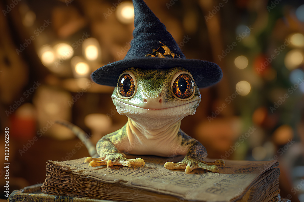 Gecko dressed as a wizard with a tiny pointy hat, standing on a spell ...