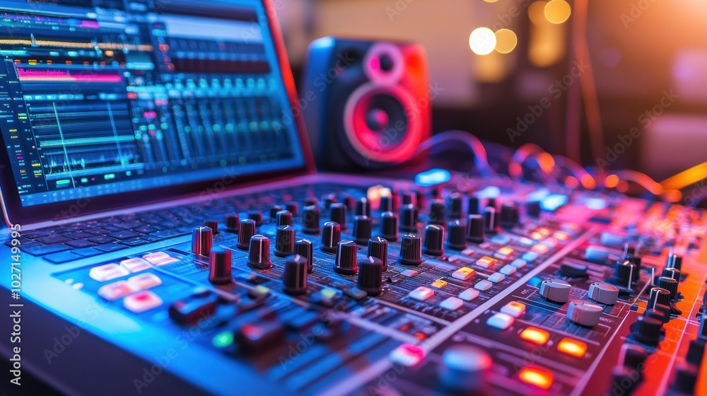 Control desk for a modern music recording studio featuring a laptop ...