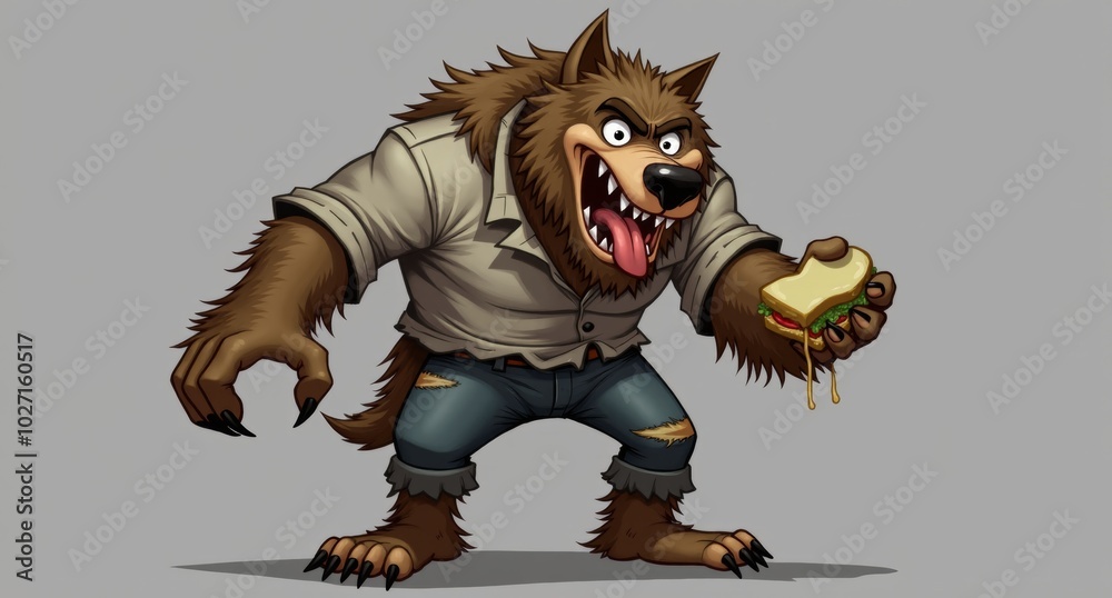A goofy werewolf with shaggy fur and torn clothes, holding a half-eaten ...