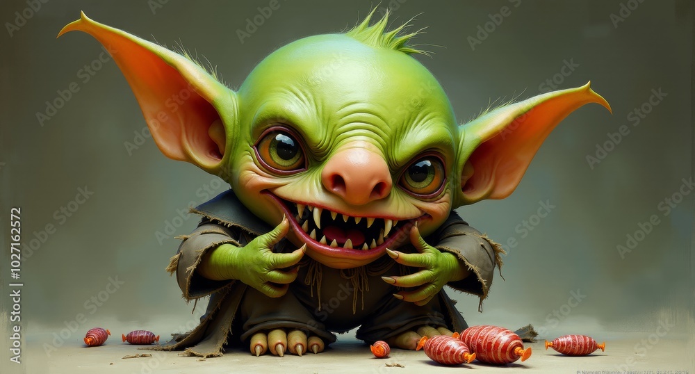 A short, green goblin with oversized ears and sharp, pointy teeth ...