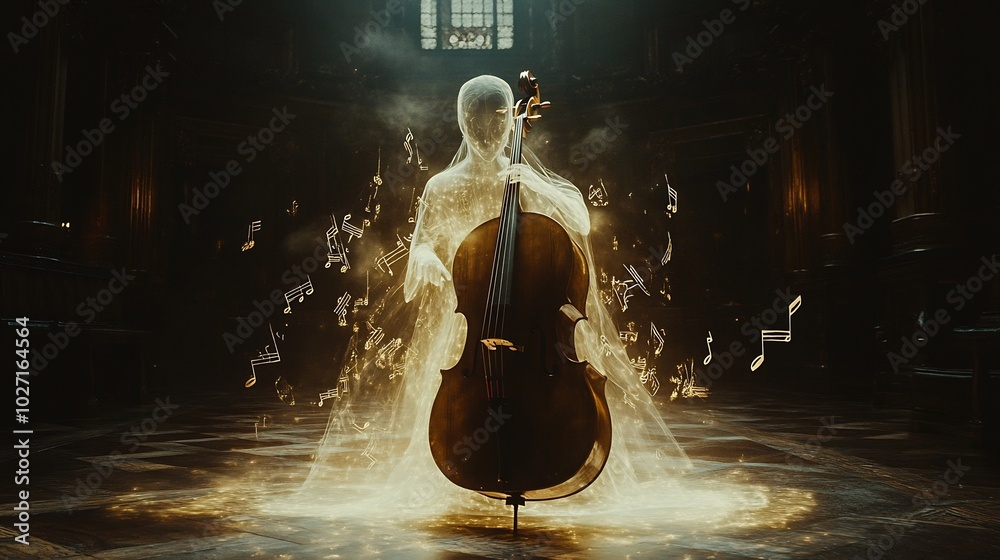 Wooden cello played by a translucent ghostly figure Musical notes and ...