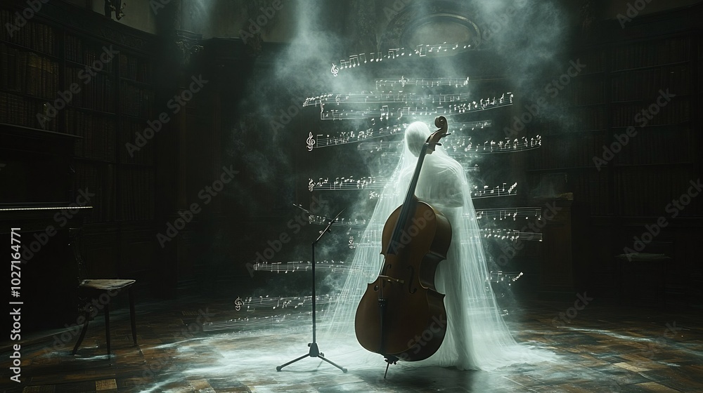 Wooden cello played by a translucent ghostly figure Musical notes and ...