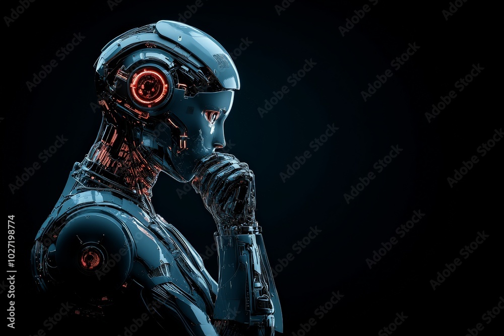 A reflective robot figure in deep thought, combining technology with ...