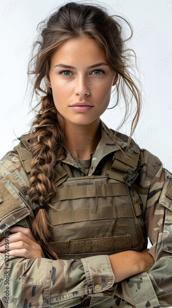Confident beautiful female soldier with army uniform while doing ...