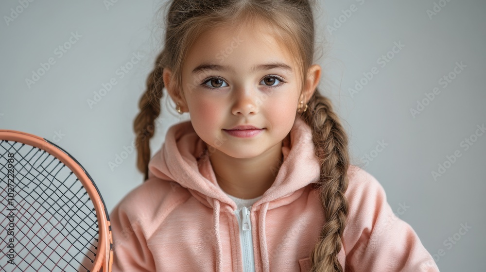Cute young girl with braided hair holding tennis racket, smiling ...