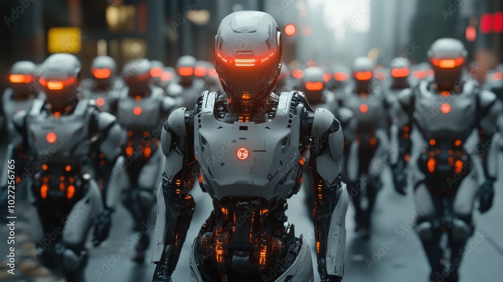 Row of futuristic humanoid robots in industrial warehouse, artificial ...