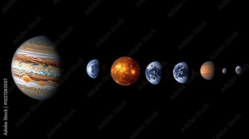 Jupiter dominates the foreground of the solar system with five planets ...