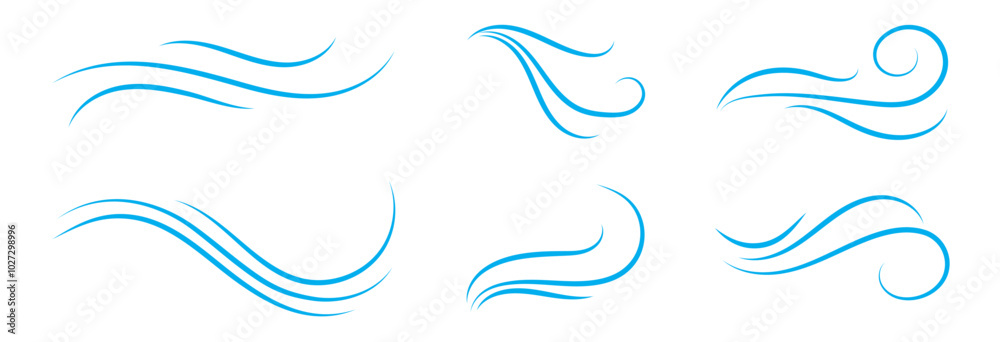Wind linear sketch set, wind blow line icon. Isolated vector ...