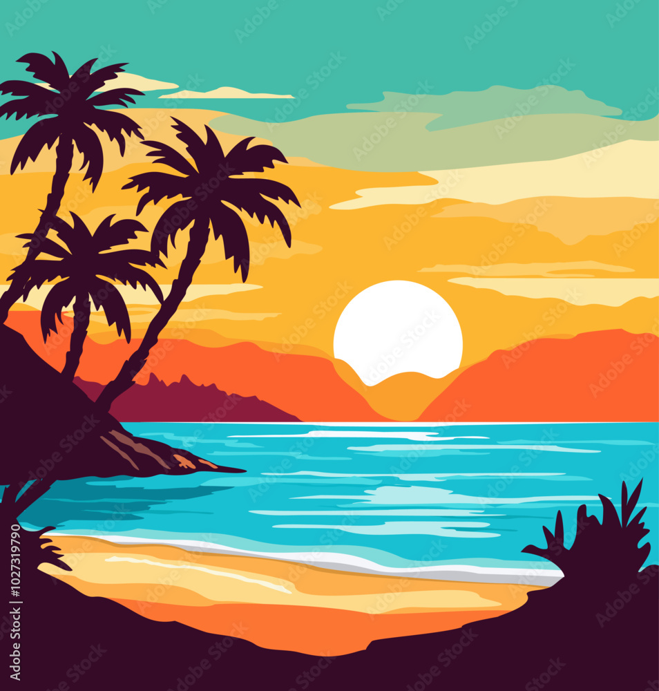 Summer tropical beach background with palms, sky sunrise and sunset. Summer vacation background ...