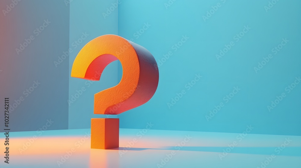 3D orange gradient question mark on a blue background, minimalist ...