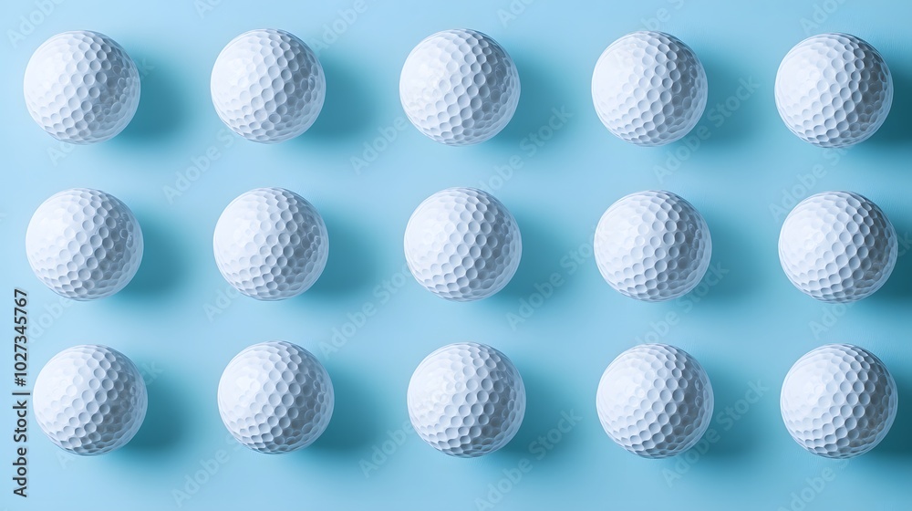 Neatly arranged golf balls in a light blue background, showcasing a ...
