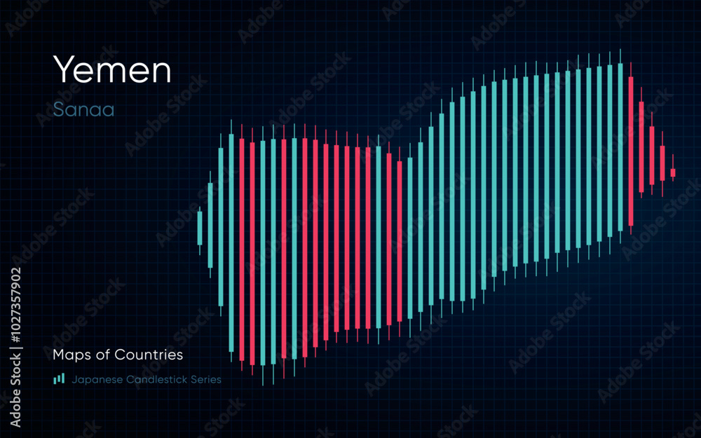 Yemen map shown in a chart with bars and lines. Japanese candlestick ...