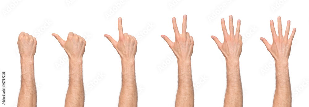 Man's hand counting from zero to five, with back of the hand facing us ...