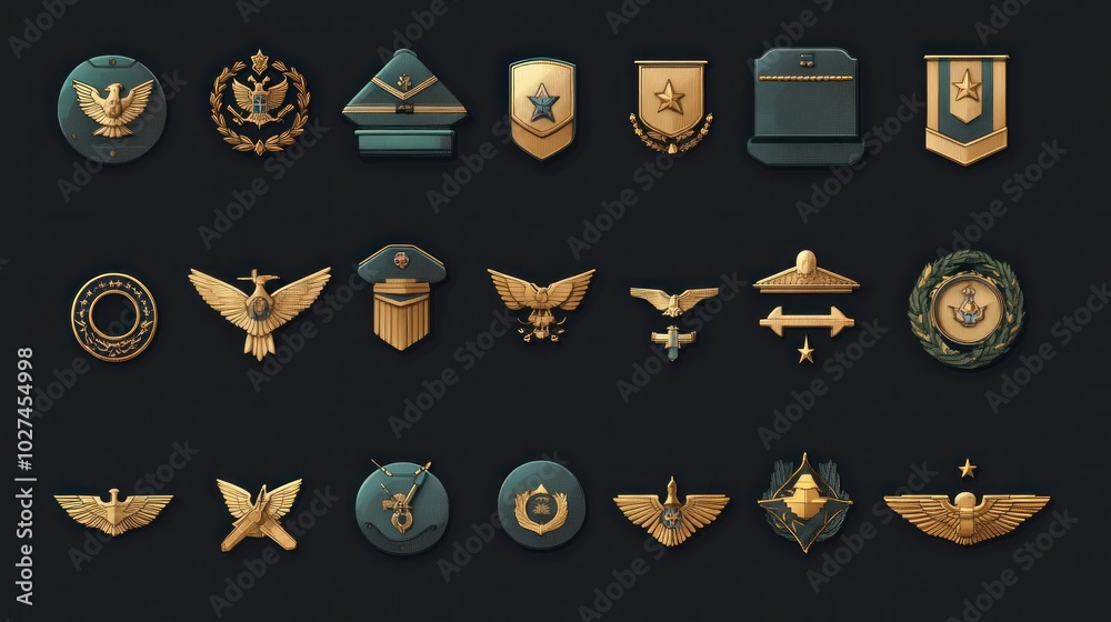 Vector icons of military ranks, detailed designs for different army ...