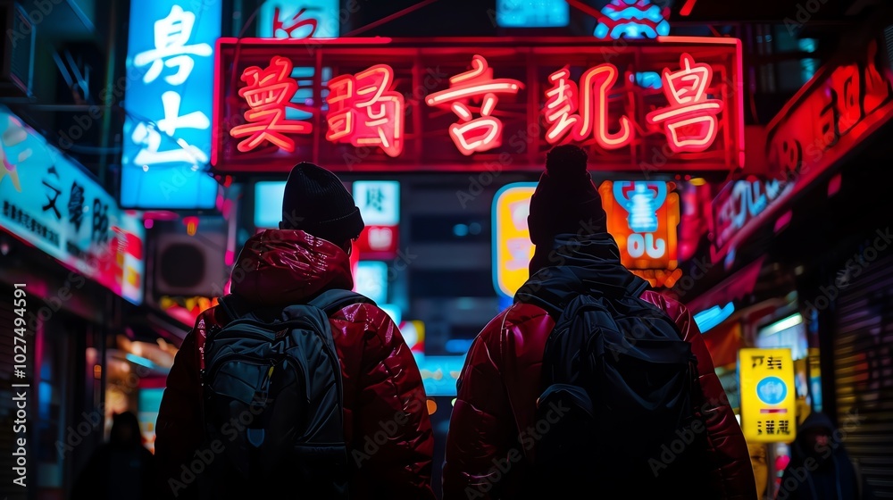 1980s neon-lit cityscape, glowing signs, people in shoulder-padded ...