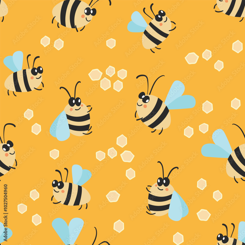 Seamless pattern with bees on color background. Small wasp. Vector ...
