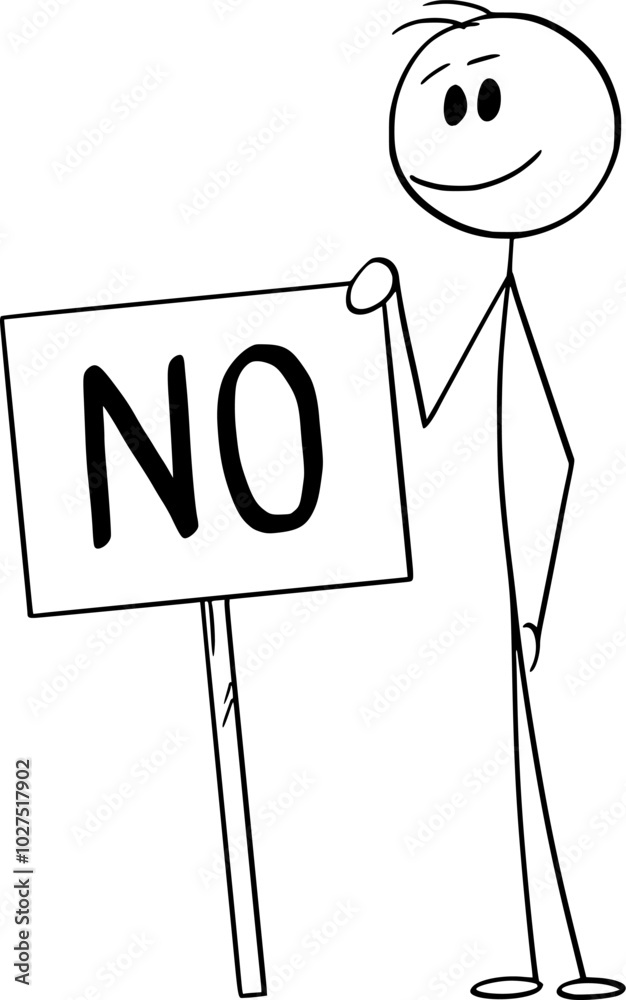 Smiling person holding negative no sign , vector cartoon stick figure ...