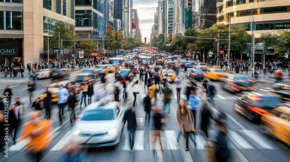 Crowded street with cars blurred, featuring a bustling street scene ...