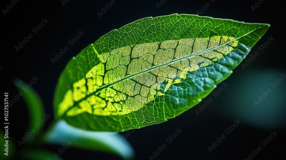 Magnified view of a genetically modified leaf, featuring visible DNA ...