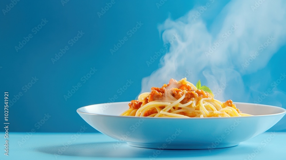 Frozen ready-meal of spaghetti bolognese, perfectly plated, steam ...