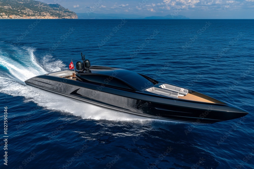 Minimalist motorboat speeding across the water, with clean, sharp lines ...