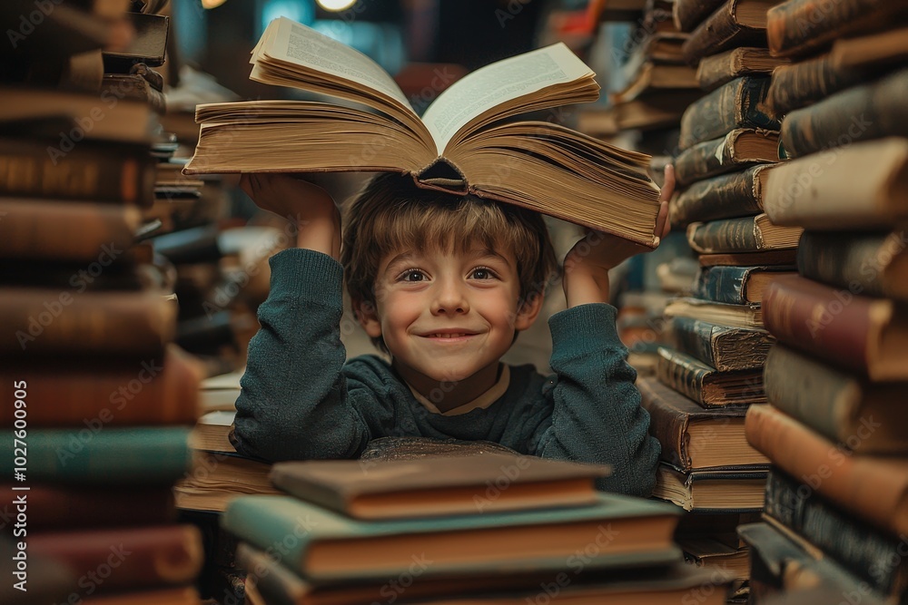 A joyful young boy smiles as he lifts an open book above his head ...