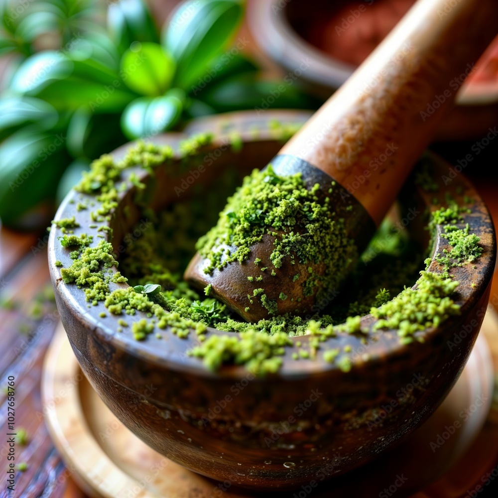Mortar and pestle herbs. Fresh herbs are ground in a mortar and pestle ...