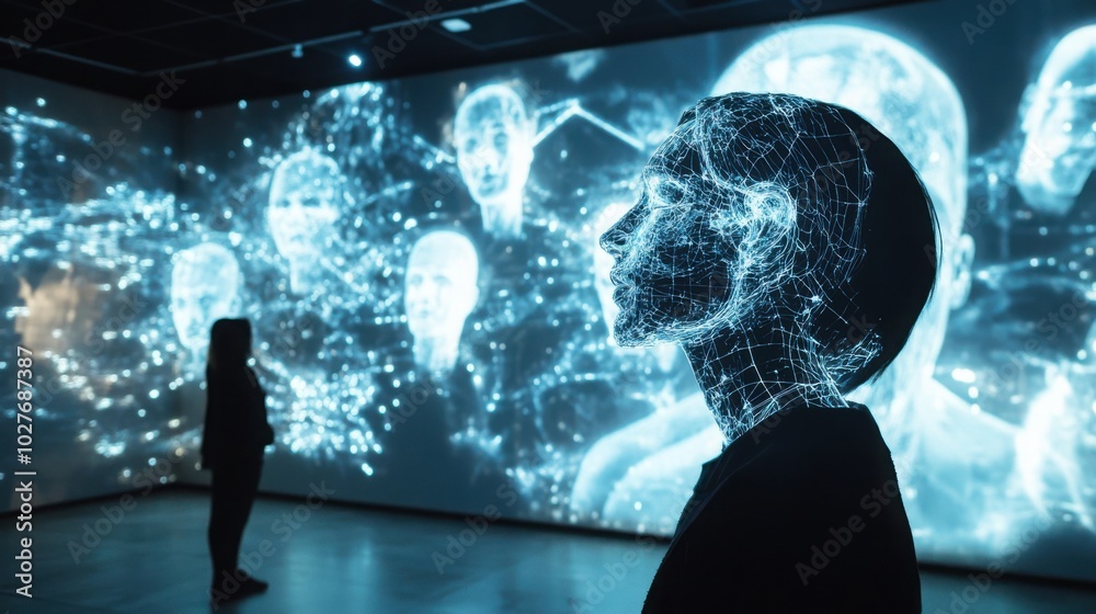 A futuristic art gallery where holographic sculptures and AI-generated ...