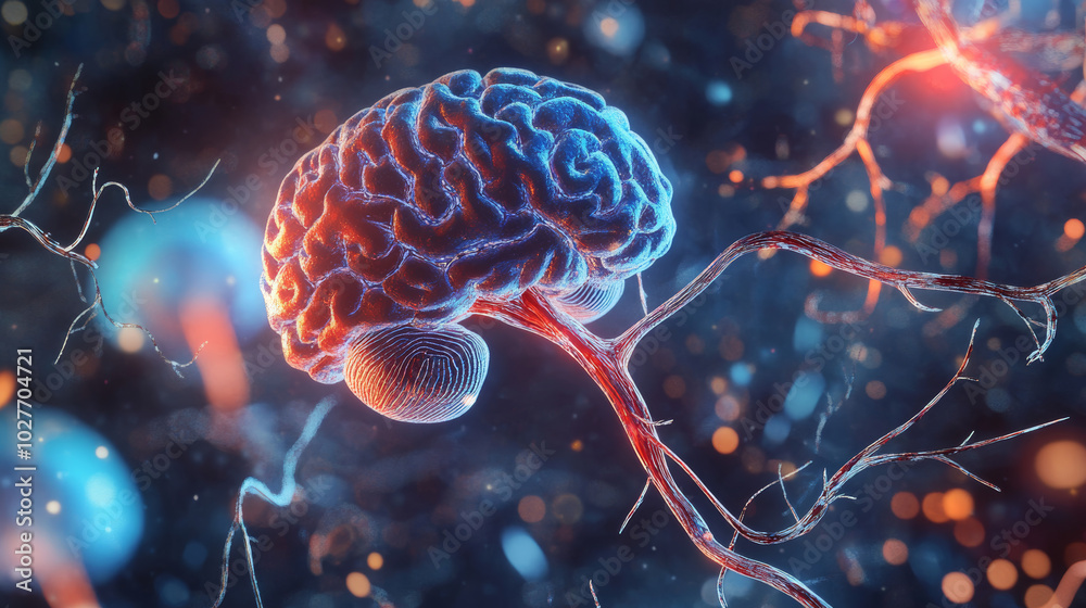 A detailed 3D medical illustration of the human brain anatomy ...